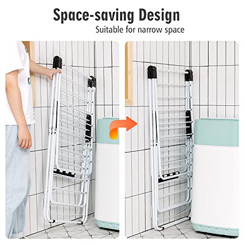 Tangkula Clothes Drying Rack, 2-Level Folding Drying Rack for Indoor Outdoor Use, Foldable Large Drying Hanger w/Height-Adjustable Gullwing, 33 Drying Rails, Sock Clips, Freestanding Laundry Rack