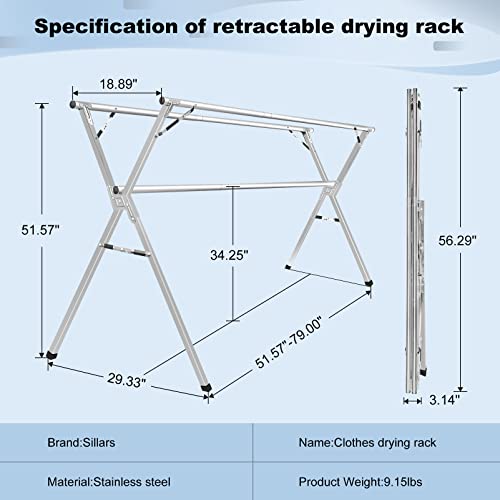 Sillars Clothes Drying Rack, 79 inches Laundry Drying Rack Clothing Foldable & Collapsible Stainless Steel Heavy Duty Clothing Drying Rack with Windproof Hooks for Indoor Outdoor