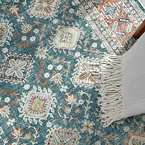 jinchan Area Rug 4x6 Persian Rug Vintage Indoor Carpet Kilim Thin Rug Turquoise Brick Red Multi Overdyed Retro Accent Rug for Kitchen Bathroom Living Room Bedroom Office Dining Room