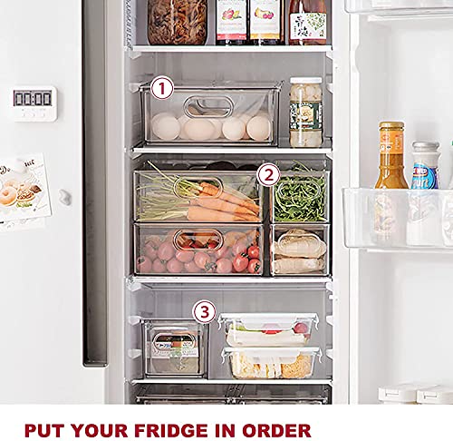3 Pack Refrigerator Organizer Bins with Pull-out Drawer, Large Stackable Fridge Drawer Organizer Set with Handle, BPA-free Drawable Clear Storage Cases for Freezer, Cabinet, Kitchen, Pantry Organization