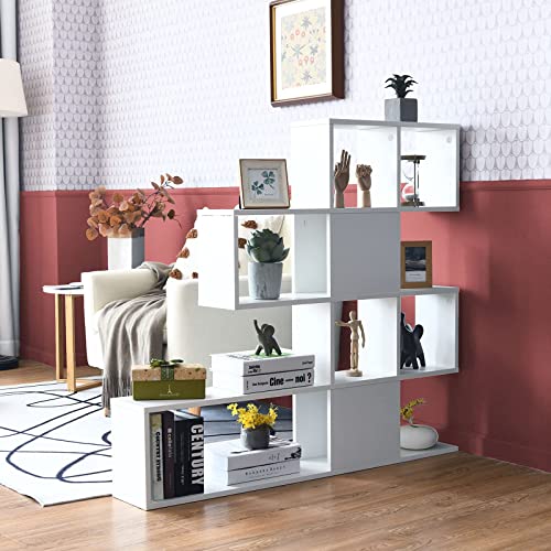 Tangkula 16 Shelves Bookshelf, Modern Ladder Corner Bookshelf, 9 Cubes Stepped Storage Bookcase, 5-Tier Display Shelf Storage Organizer for Home Office, 47 x 8 x 43 Inch, Room Divider Bookcase