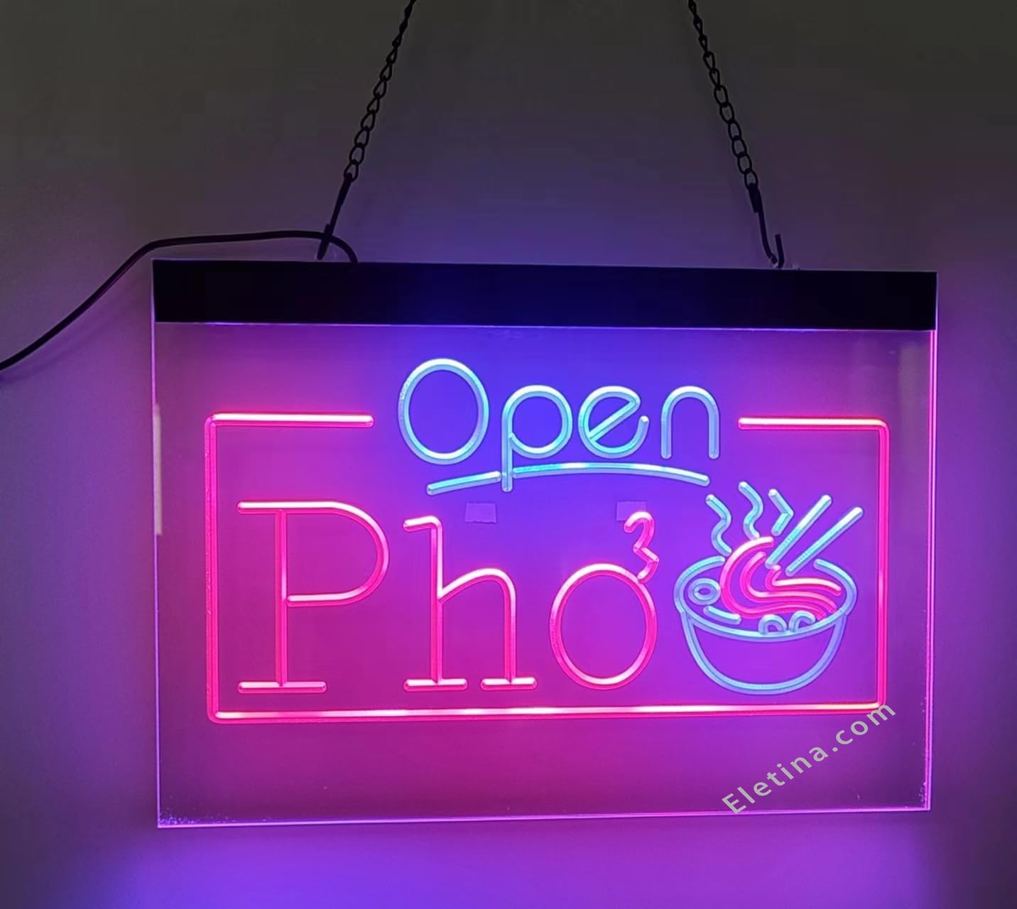 paerma Neon Food Sign - Open Pho - Red, Blue, Multicolor - 16" x 12" - Modern, Retro - Wall Mount - Plastic - Home or Business Decoration