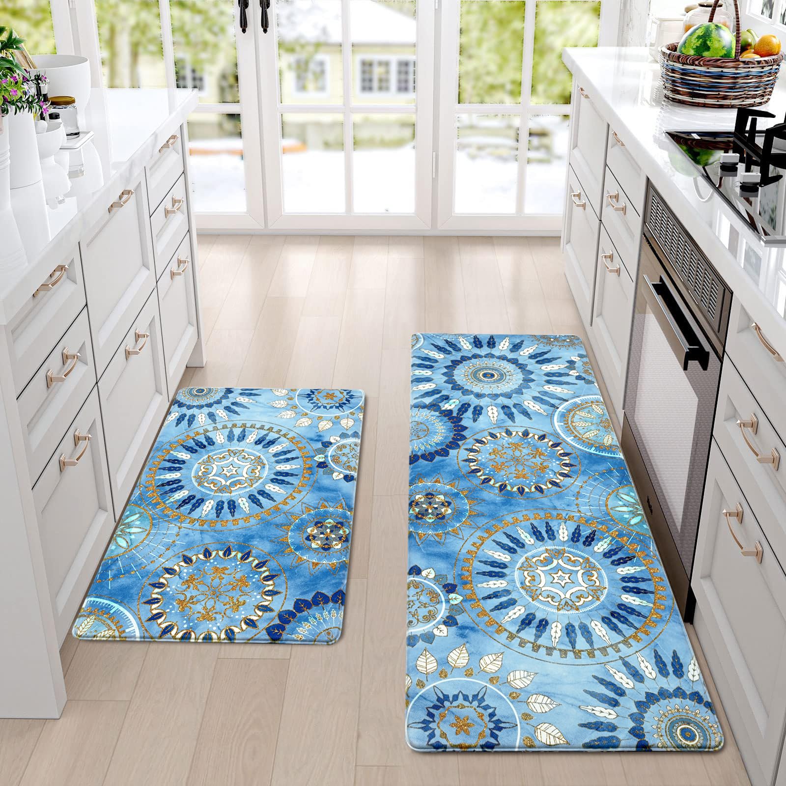FRAMICS Boho Kitchen Rugs and Mats Cushioned Anti-Fatigue Kitchen Rug, Waterproof Non-Slip Kitchen Mats and Rugs, Memory Foam Bohemian Kitchen Floor Mat for Home Office Laundry, 18" x 48" + 18" x 30"