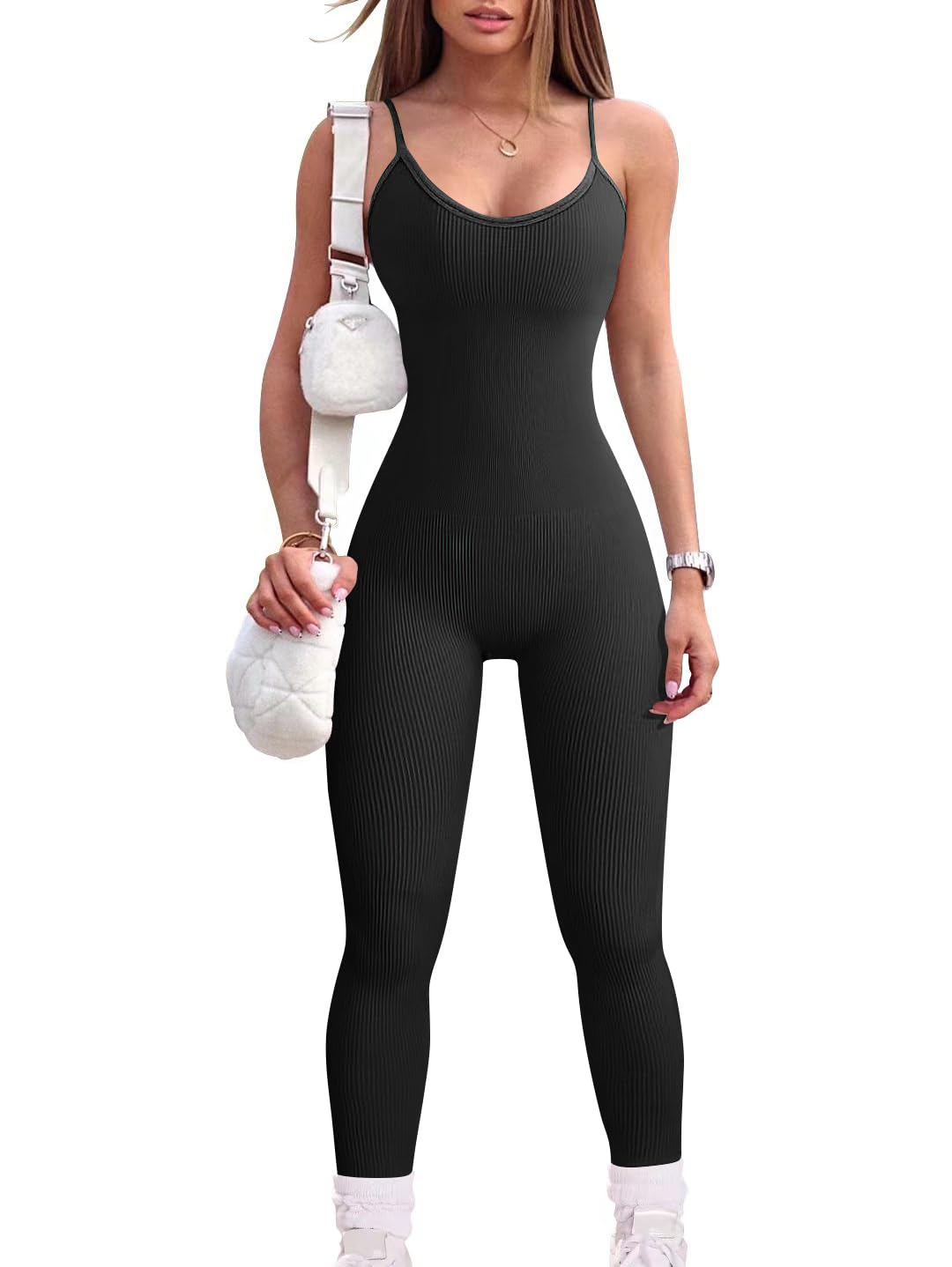 OQQ Women's Ribbed One Piece Adjustable Spaghetti Strips Top Yoga Exercise JumpSuit Romper, Black, Small