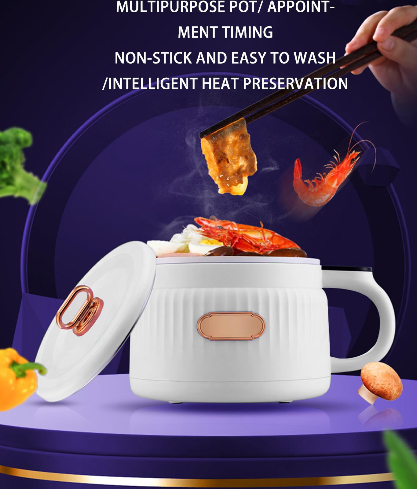 Electric Hot Pot,1.6L Portable Electric Skillet with Nonstick Coating,Rapid Noodles Cooker with Intelligent touch control， Mini Non-Stick Pan for Steak, Egg, Fried Rice, Ramen, Oatmeal, Soup (Purple)