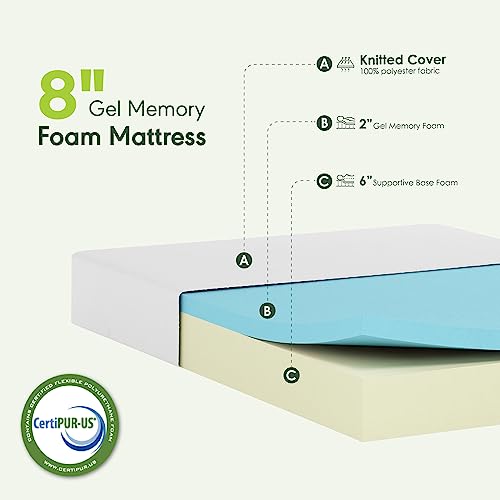 Furinno Tidur Cooling Gel Memory Foam Mattress, 8 Inch, Twin, White