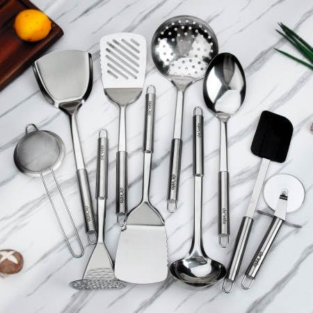 DE'VELO Stainless Steel Kitchen Utensils Set - 23 Piece Nonstick Kitchen Cookware Tools Spatula Set - Cooking Set - Kitchen Utensil Gadgets Pots and Pans Accessories