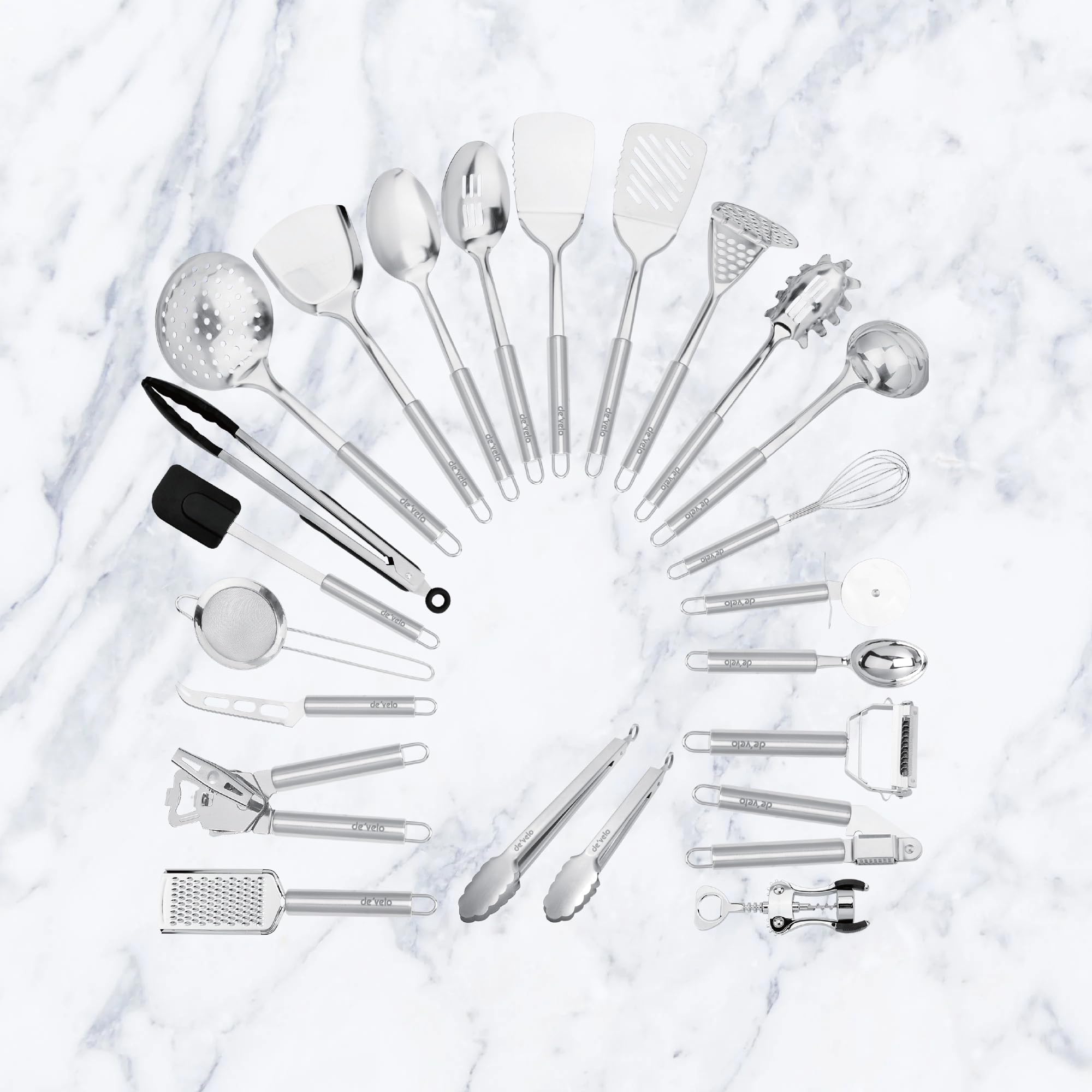 DE'VELO Stainless Steel Kitchen Utensils Set - 23 Piece Nonstick Kitchen Cookware Tools Spatula Set - Cooking Set - Kitchen Utensil Gadgets Pots and Pans Accessories