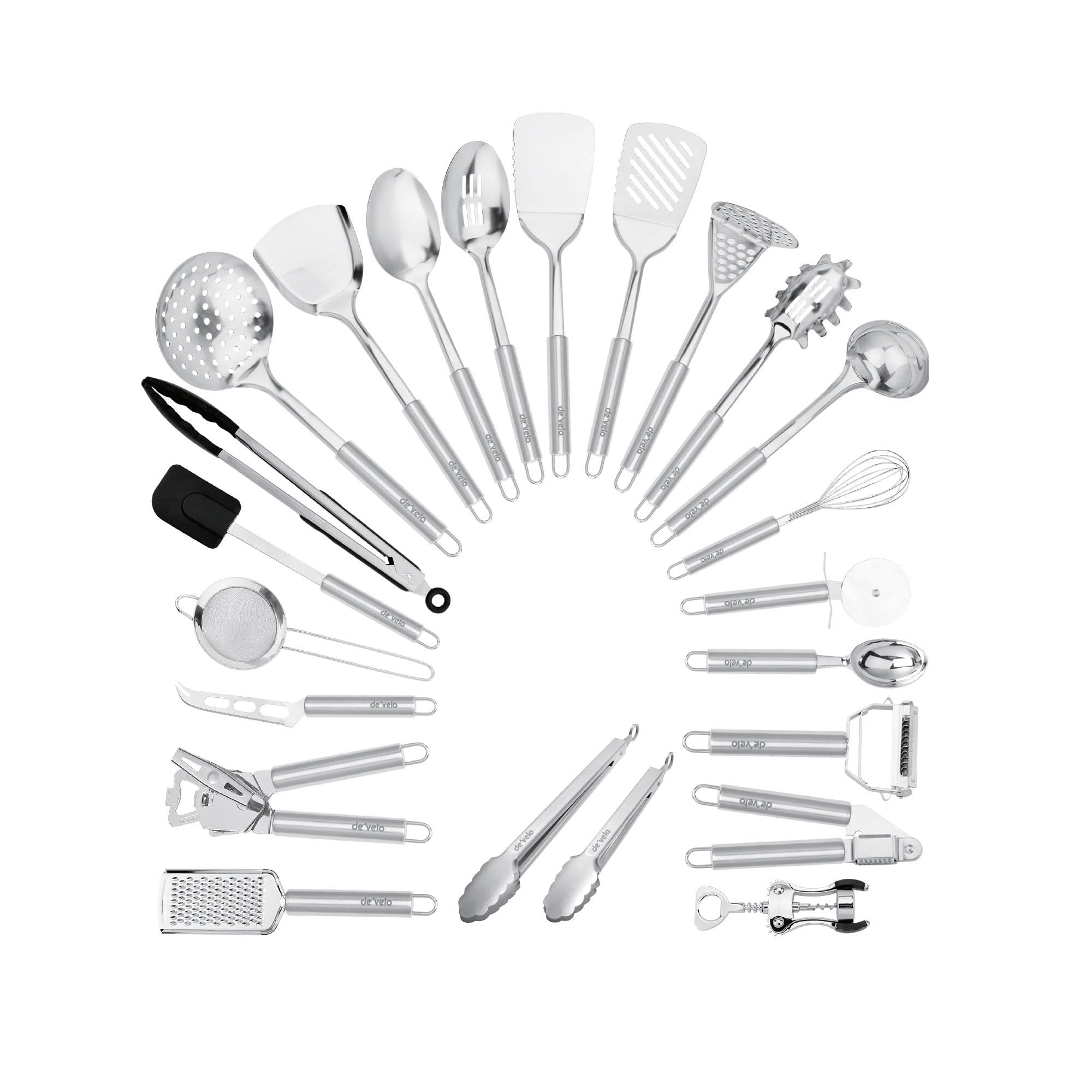 DE'VELO Stainless Steel Kitchen Utensils Set - 23 Piece Nonstick Kitchen Cookware Tools Spatula Set - Cooking Set - Kitchen Utensil Gadgets Pots and Pans Accessories