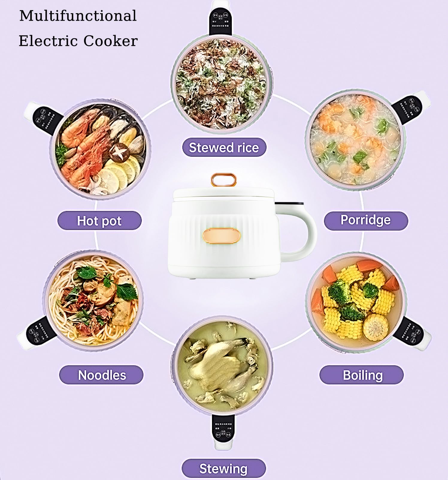 Electric Hot Pot,1.6L Portable Electric Skillet with Nonstick Coating,Rapid Noodles Cooker with Intelligent touch control， Mini Non-Stick Pan for Steak, Egg, Fried Rice, Ramen, Oatmeal, Soup (Purple)
