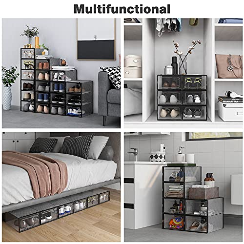 Yescom 18 Pack Shoe Storage Box Clear Shoe Organizer Bins for Closets Stackable Sneaker Container Foldable Home Closet Apartment Use Small Size Black