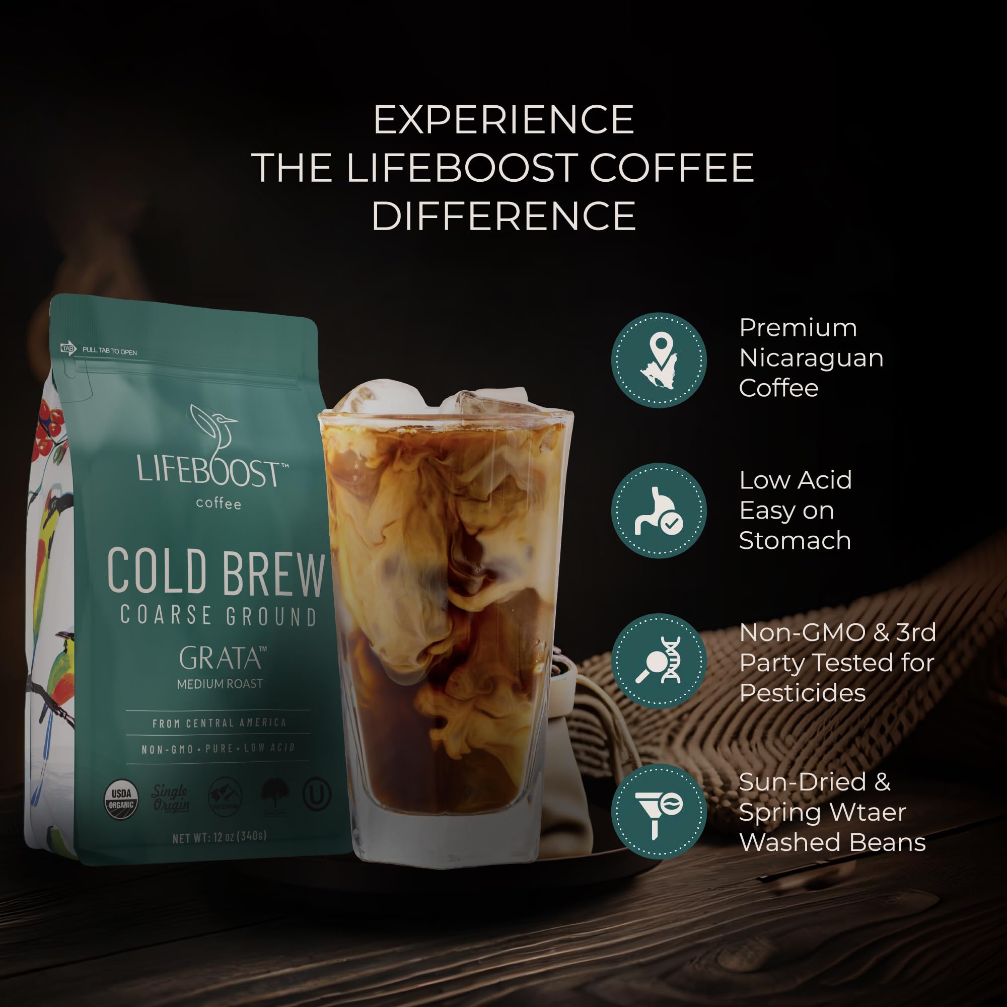 Lifeboost Medium Cold Brew Coffee - Low Acid Coarse Ground Coffee for Cold Brew - Single Origin Non-GMO USDA Organic Cold Brew Coffee Grounds - 3rd Party Tested For Mycotoxins & Pesticides - 12 Ounces