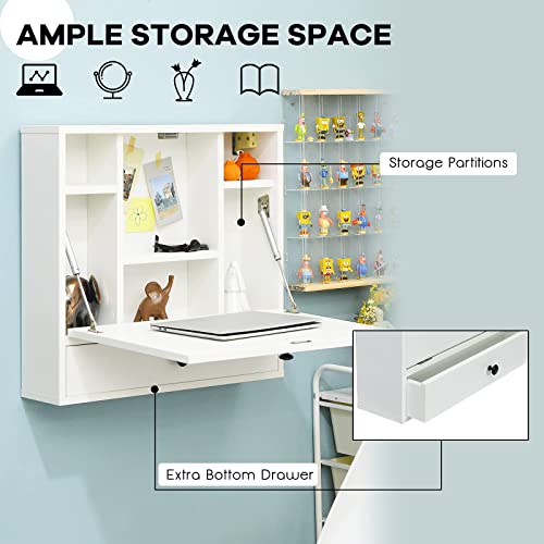 Tangkula Wall Mounted Desk, Pneumatic Floating Desk Wall Mount Laptop Desk with Magnetic Foldable Tabletop, Space Saving Wall Mounted Table Wall Desk with Storage Drawer and Shelves (White)