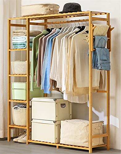 ZJDU Bamboo Wood Garment Rack,Free Standing Closet Organizer,5 Tiers Storage Shelf Corner Clothes Hanging Rack,Storage Box Shelves, for Home Laundry Commercial Office,90×30×145cm