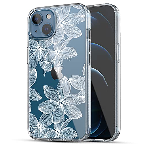 RANZ iPhone 13 Mini Case, Anti-Scratch Shockproof Series Clear Hard PC+ TPU Bumper Protective Cover Case for iPhone 13 Mini (5.4") - White Flower