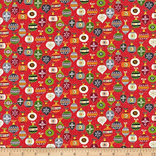 Andover Makower Metallic Santa Express Baubles Red, Fabric by the Yard