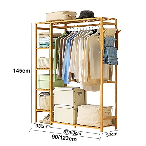 ZJDU Bamboo Wood Garment Rack,Free Standing Closet Organizer,5 Tiers Storage Shelf Corner Clothes Hanging Rack,Storage Box Shelves, for Home Laundry Commercial Office,90×30×145cm