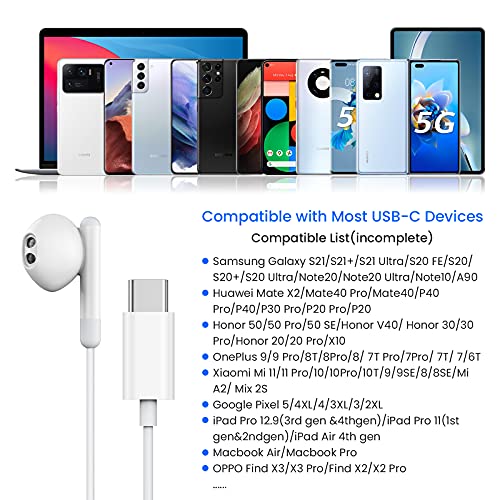 USB C Headphones, Type C Earphones HiFi Stereo in Ear Wired Earbuds USB C Earphones, Type C Headphones with Mic Compatible with Samsung Galaxy S21 Ultra S20 FE Note 10 Google Pixel 6 5 4XL Oneplus 9 8