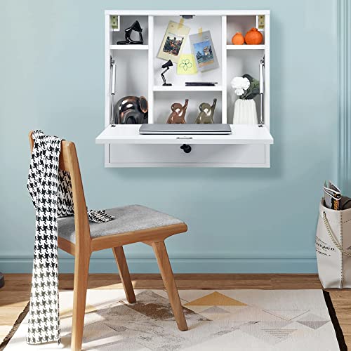 Tangkula Wall Mounted Desk, Pneumatic Floating Desk Wall Mount Laptop Desk with Magnetic Foldable Tabletop, Space Saving Wall Mounted Table Wall Desk with Storage Drawer and Shelves (White)