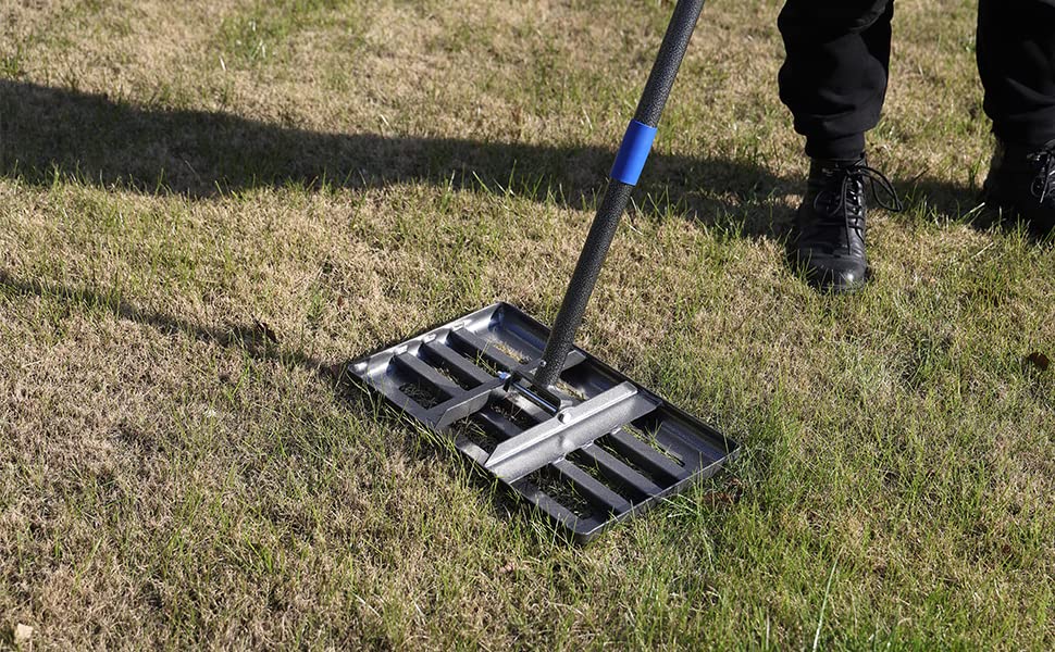 SANDEGOO Lawn Leveling Rake | Levelawn Tool | Level Soil or Dirt Ground Surfaces Easily | 18β x 10β Ground Plate | rakes for lawns Heavy Duty 72β Extra Long Handle | Extracted Iron Metal Black