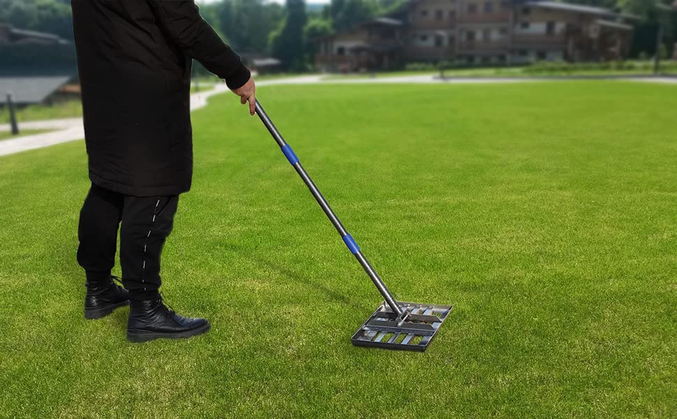 SANDEGOO Lawn Leveling Rake | Levelawn Tool | Level Soil or Dirt Ground Surfaces Easily | 18β x 10β Ground Plate | rakes for lawns Heavy Duty 72β Extra Long Handle | Extracted Iron Metal Black