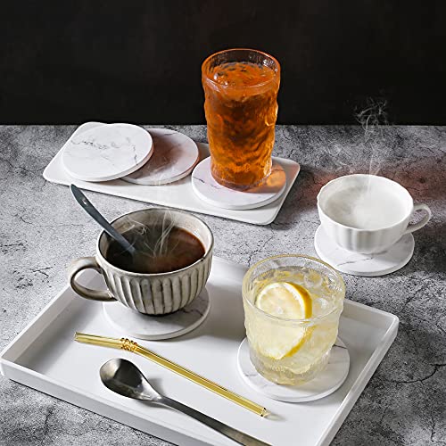 Absorbent Coasters for Drinks ,Ceramic Coaster Set of 6 with Holder, Durable Cup Coaster for Coffee Table with Cork Base for Table Protection, Housewarming Birthday Gifts, Home Decor (White Marble)