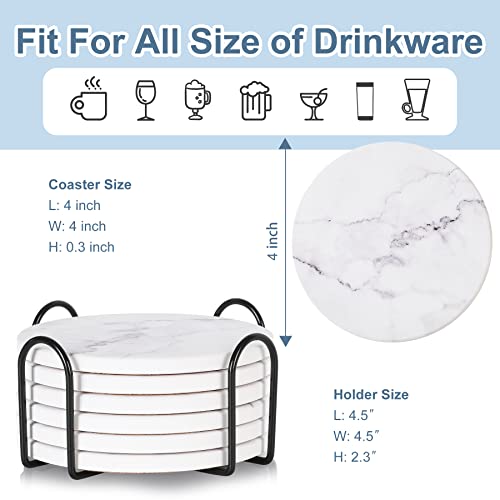 Absorbent Coasters for Drinks ,Ceramic Coaster Set of 6 with Holder, Durable Cup Coaster for Coffee Table with Cork Base for Table Protection, Housewarming Birthday Gifts, Home Decor (White Marble)