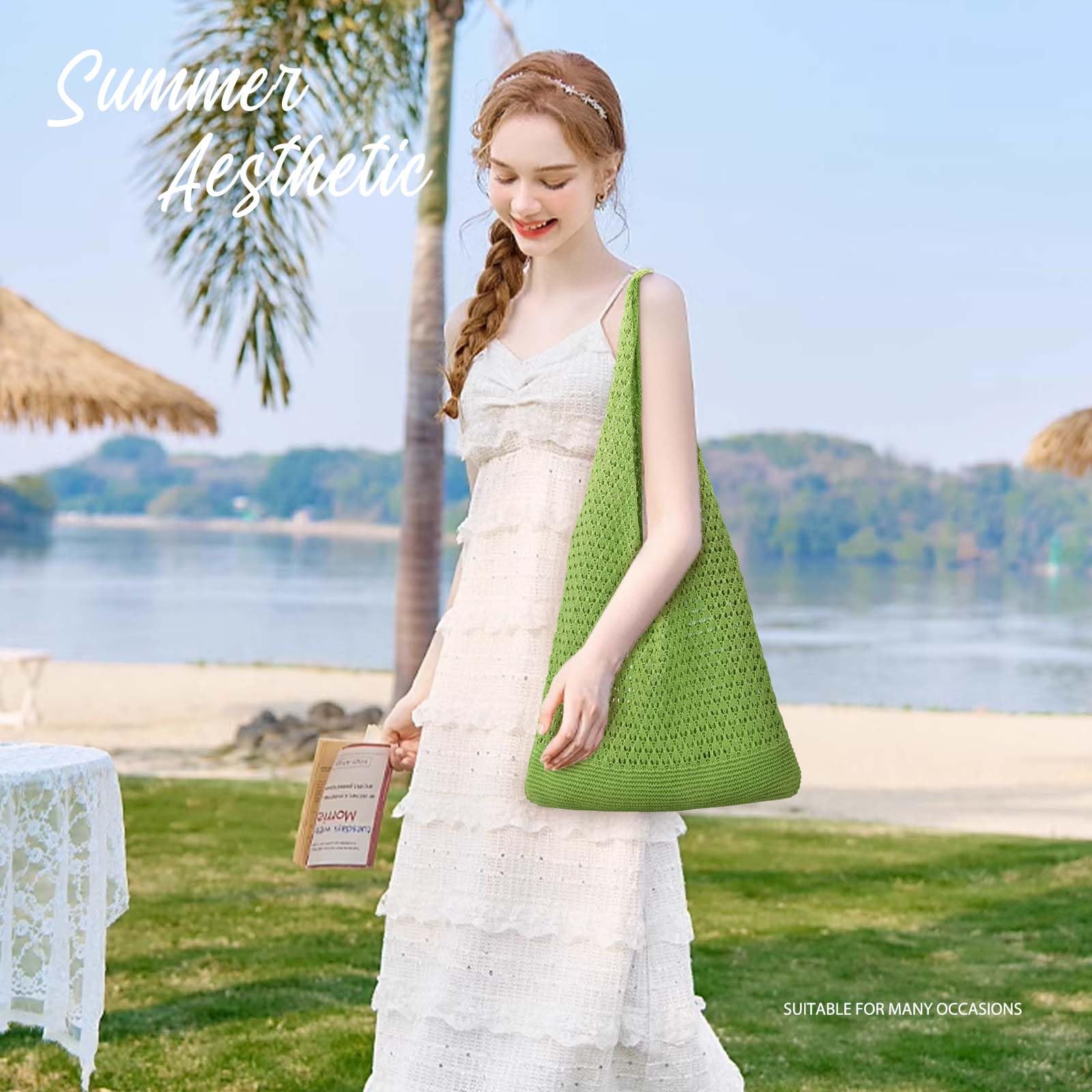 hatisan Crochet Bags for Women - Summer Beach Tote, Aesthetic Hippie Knit Bag (Green)