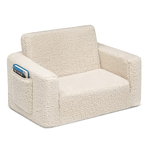 Delta Children Cozee Flip-Out Sherpa 2-in-1 Convertible Chair to Lounger for Kids, Cream