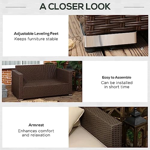 Hypeshops Outdoor Wicker Loveseat, Patio Furniture Couch with Cushions, 2 Seats PE Rattan Sofa, 2 Throw Pillows - Beige