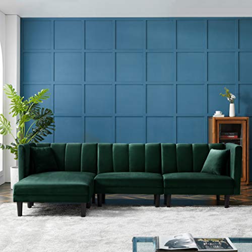 Reversible SECTIONAL Sofa Sleeper with 2 Pillows Dark Green Velvet