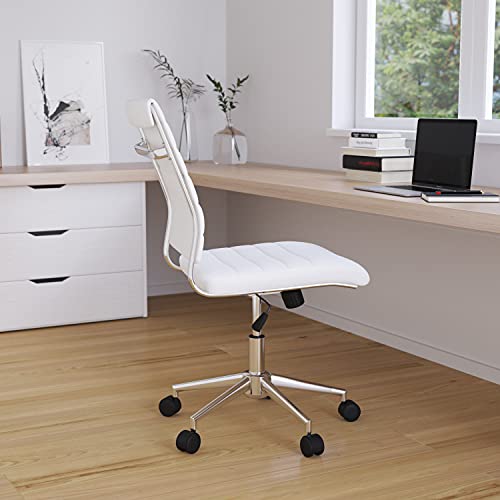 Merrick Lane Corrina White Ergonomic Swivel Office Chair Ribbed Faux Leather Back and Seat Mid-Back Armless Computer Desk Chair with Chrome Base