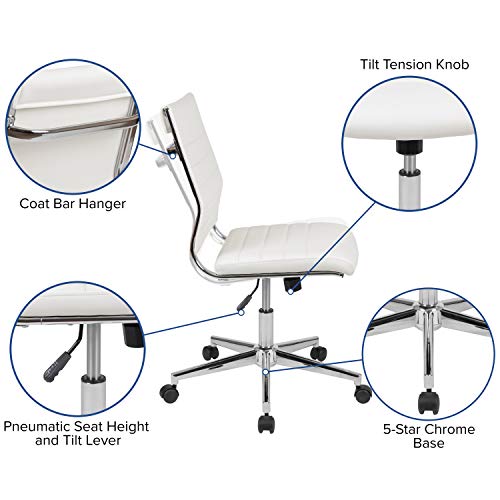 Merrick Lane Corrina White Ergonomic Swivel Office Chair Ribbed Faux Leather Back and Seat Mid-Back Armless Computer Desk Chair with Chrome Base