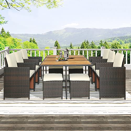 EMKK 11-Piece Patio All-Weather PE Wicker Dining Table Wood Tabletop for 10, Rattan Sectional Sofa Conversation Furniture Set w/Ottoman,Cushion, OneSize, Brown