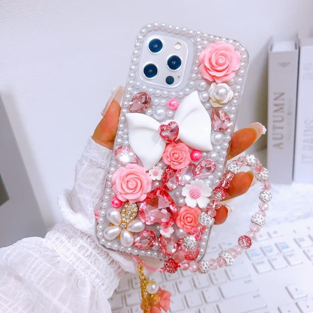 redecarie for Samsung Galaxy S9 Plus Diamond Case,Bling Glitter Luxury Crystal Rhinestone Cute Bow Flowers Pearl 3D Handmade Protective Phone Cover for Women Girls Kids with Bracelet Lanyard