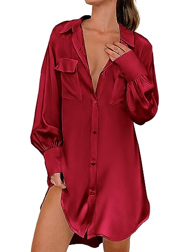 Ekouaer Sleep Shirts for Women Satin Silk Nightgown Long Sleeve Sleepwear Boyfriend Button Down Nightshirt Wine Red L