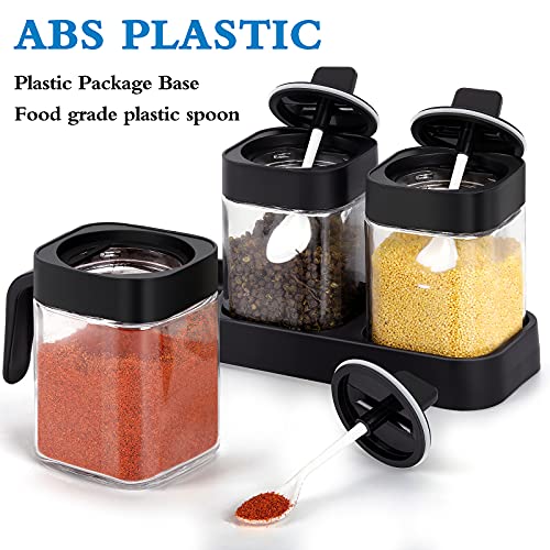 Kivsty 3 Pack Sugar Bowls Set with Spoons and Lids - High Capacity 13oz Spices and Seasonings Containers - Glass Spice Jar Seasoning Box for Home Kitchen Coffee Bar(Black Square Base)