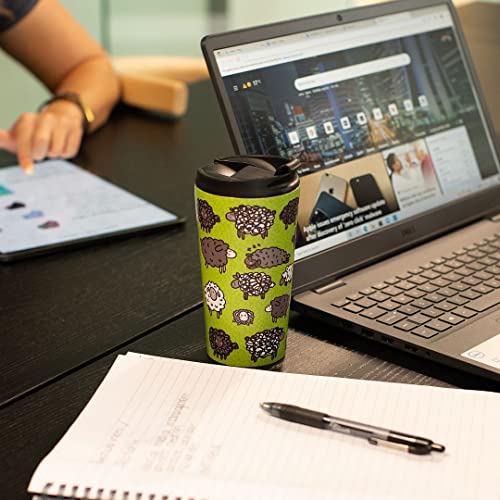 Eco Chic Reusable Thermal Coffee Cup | Stainless Steel Insulated Travel Mug with Leakproof Lid | Eco-Friendly and Reusable for Hot & Cold Drinks (Green Sheep, 380ml/13oz)