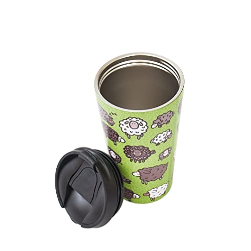 Eco Chic Reusable Thermal Coffee Cup | Stainless Steel Insulated Travel Mug with Leakproof Lid | Eco-Friendly and Reusable for Hot & Cold Drinks (Green Sheep, 380ml/13oz)