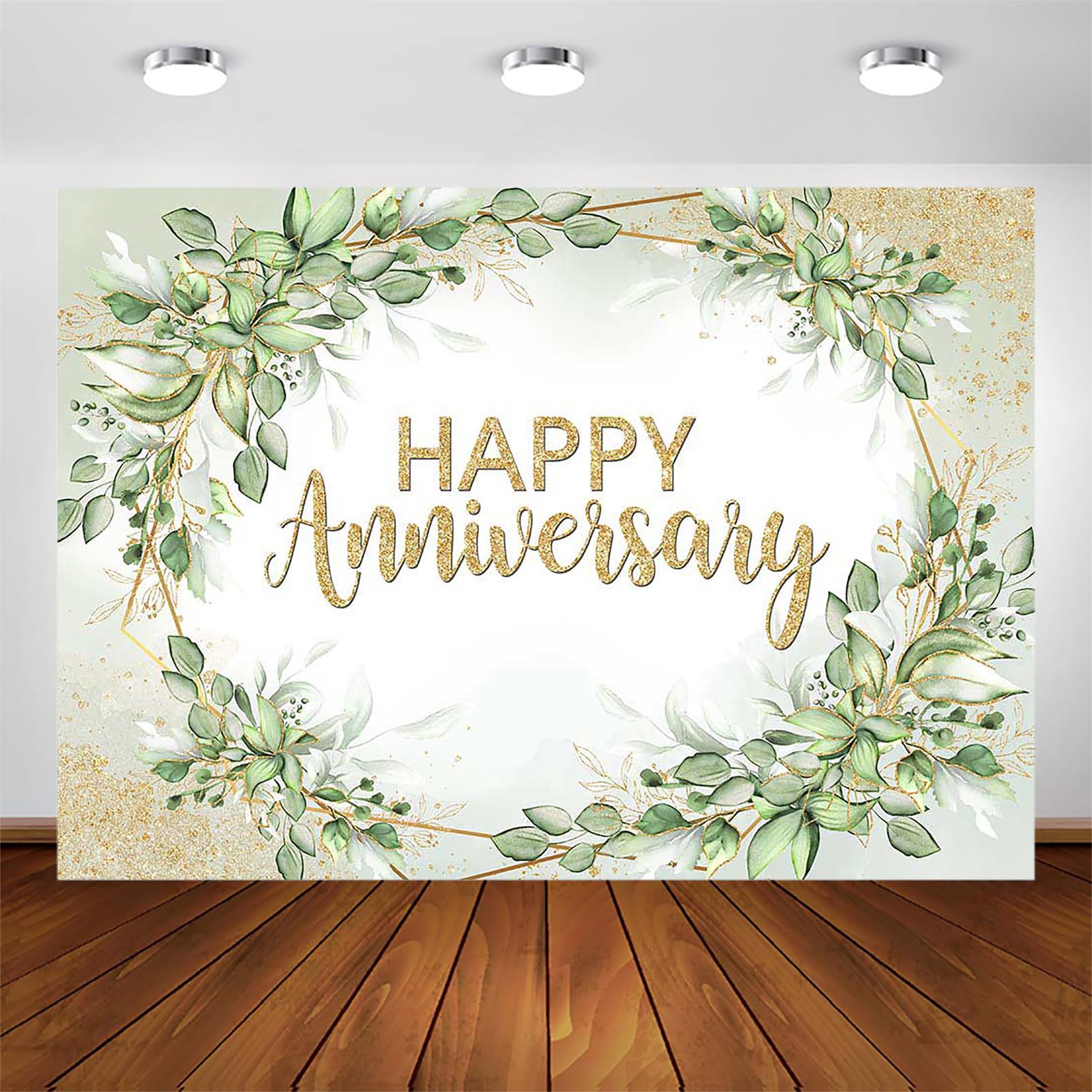 Avezano Happy Anniversary Backdrop Sage Green Leaves Happy Anniversary Banner Cheers to Marriage Wedding Anniversary Party Decorations Memorial Portrait Photo Booth Background (7x5ft)