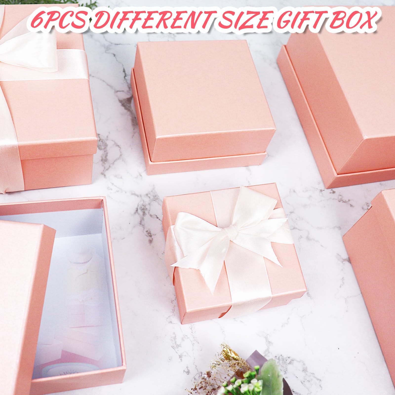 GLGHMH 6 Pack Square Nesting Gift Boxes With Lids,Bridesmaid Proposal Box with Ribbon Thank You Card,For International Woman's Day Wedding Anniversaries Birthdays Baby Shower Thanksgiving (PINK)