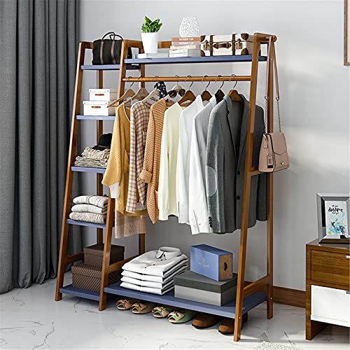 ZJDU Bamboo Clothes Hanging Rack,Portable Closet Organizer,Free Standing Closet Organizer,Heavy Duty Clothe Closet Storage with Shelves,for Bedroom Guest Room,80×40×140cm