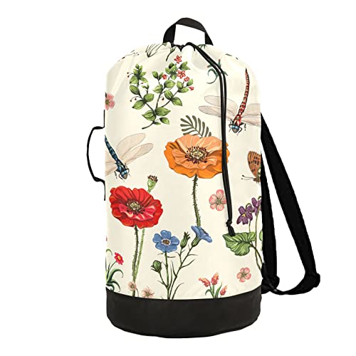 VIGTRO Spring Flowers Dragonflies Large Heavy Duty Laundry Backpack Hamper with Shoulder Strips and Drawstring, Summer Poppies Green Leaves Nylon Waterproof Laundry Bag Durable for Dorm Laundromat Travel