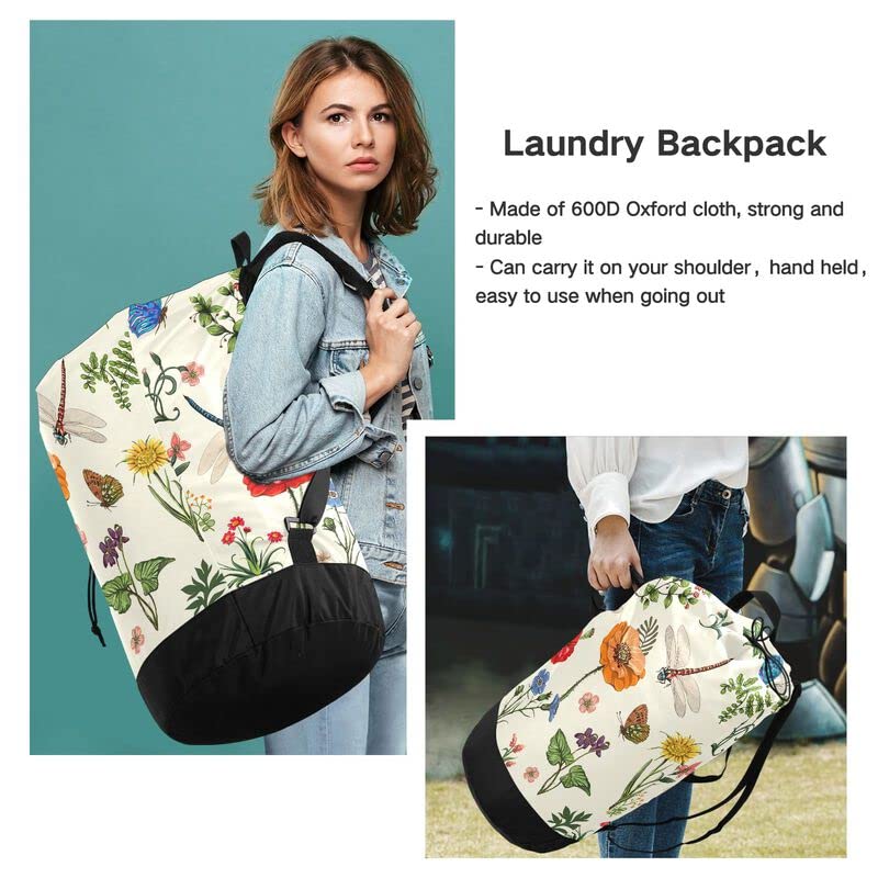 VIGTRO Spring Flowers Dragonflies Large Heavy Duty Laundry Backpack Hamper with Shoulder Strips and Drawstring, Summer Poppies Green Leaves Nylon Waterproof Laundry Bag Durable for Dorm Laundromat Travel