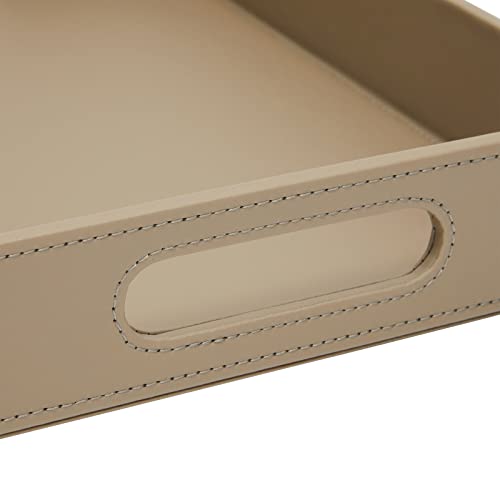 2-Pack Wooden Nesting Serving Tray Set with Stitched Faux Leather Skin and 2 Handles, Slip-Resistant Breakfast Service Tray in 2 Sizes (13.8x9.9x2.3 and 15.8x12x2.5 in, Taupe)