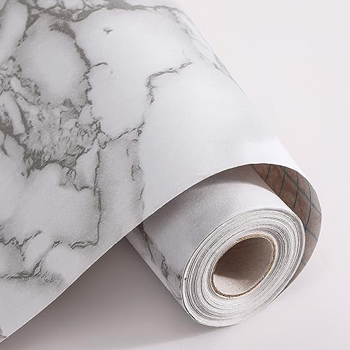 HATOKU 17.7" x 355" Glossy Marble Peel and Stick Wallpaper, Contact Paper for Cabinets, PVC Self Adhesive Wallpaper for Desk Drawer Shelf Liner