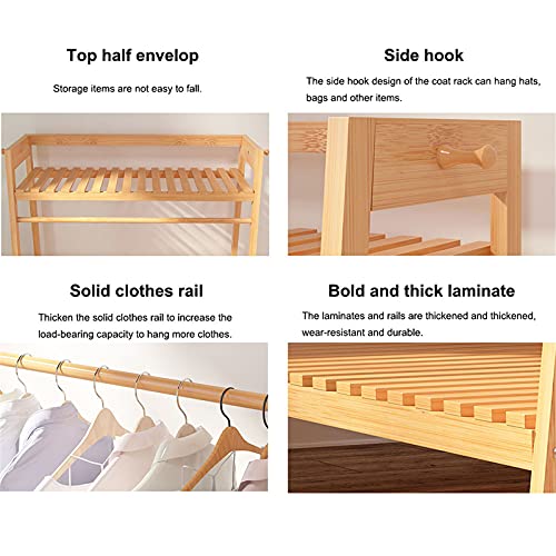 ZJDU Bamboo Garment Coat Clothes Hanging Rack,with Top Shelf and Shoe Clothing Storage Organizer Shelves, for Home Office Hallway Bedroom,110×42×140cm