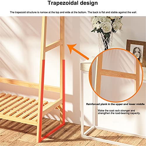 ZJDU Bamboo Garment Coat Clothes Hanging Rack,with Top Shelf and Shoe Clothing Storage Organizer Shelves, for Home Office Hallway Bedroom,110×42×140cm
