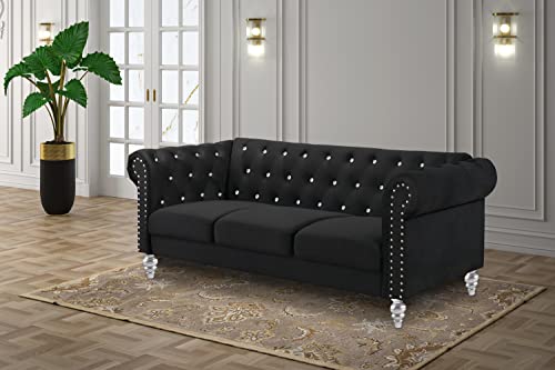New Classic Furniture Glam Emma Velvet Three Seater Chesterfield Style Sofa for Small Spaces with Crystal Button Tufts, Black