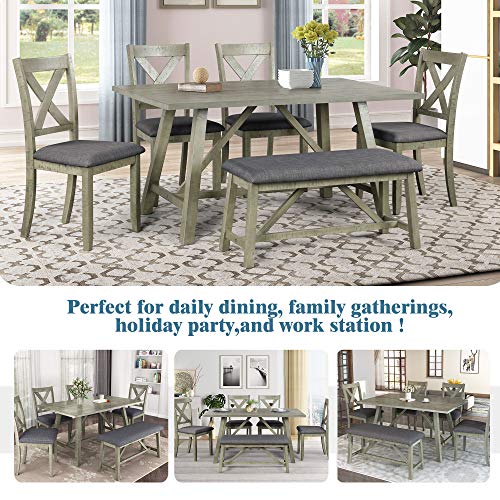 Knocbel Wood Dining Table Sets for 6, Kitchen Dining Room Set Include 1 Table, 1 Padded Bench & 4 Padded Chairs (Gray) (Gray with Wood)